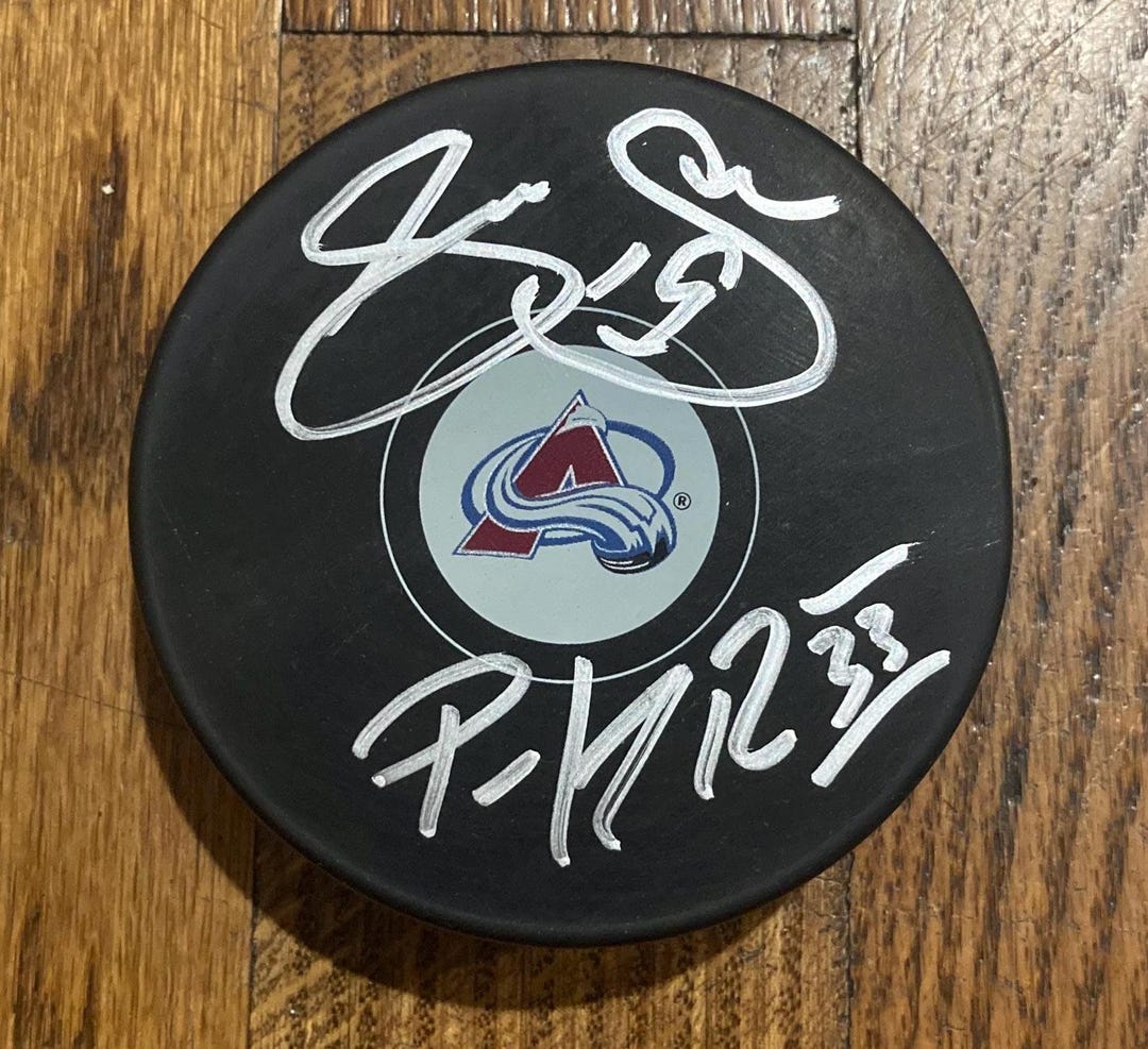 Patrick Roy & Joe Sakic Signed Colorado Avalanche Logo Hockey Puck COA ...