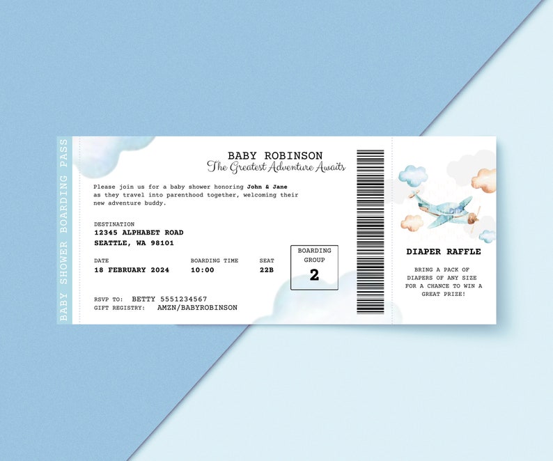 Greatest Adventure Awaits Baby Shower Invitation, Blue Plane Ticket ...