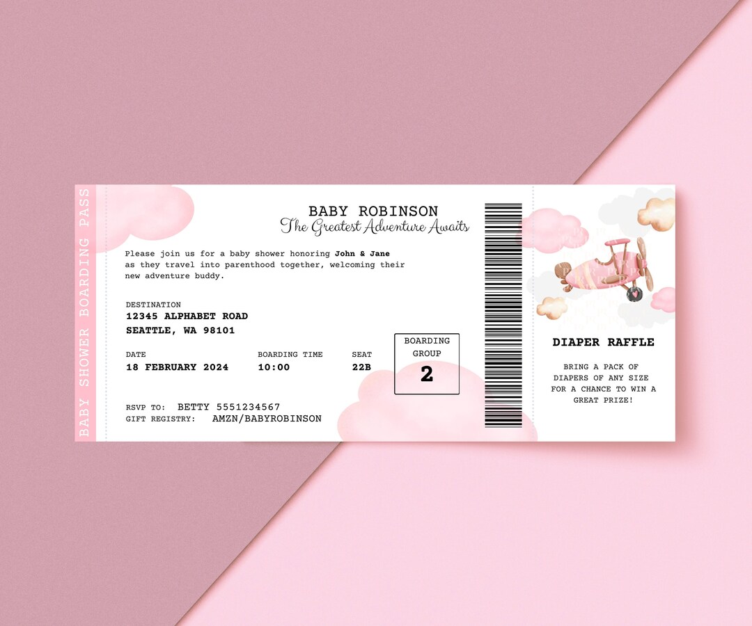 Greatest Adventure Awaits - Baby Shower Invitation, Pink Plane Ticket ...