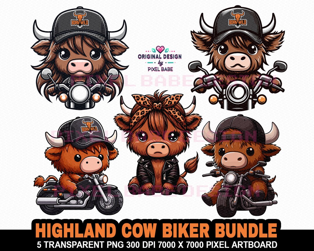 Highland Cow Motorcycle PNG Bundle Biker-themed Digital Download Files ...