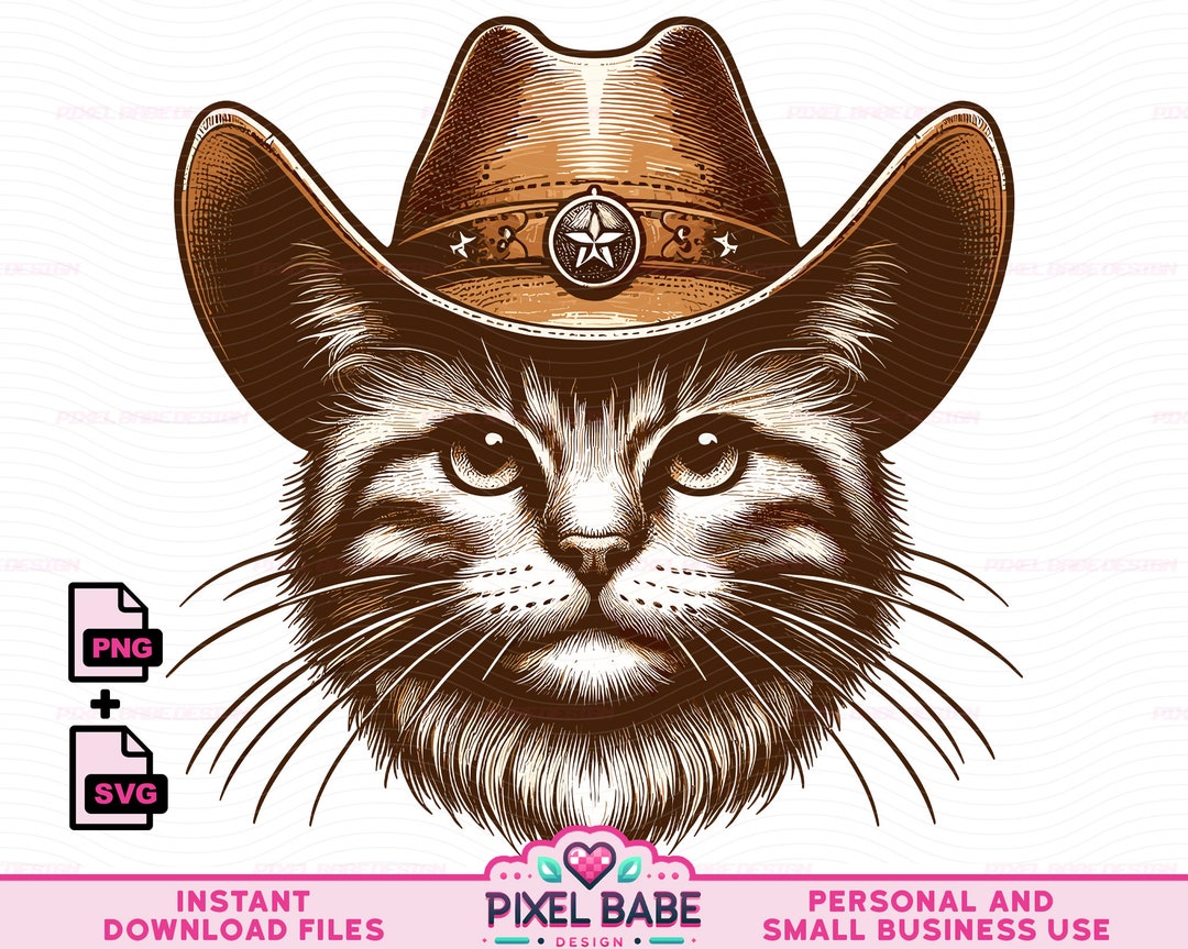 Cat SVG PNG: Cat in Cowboy Hat Illustration Cat Lover Print Digital ...