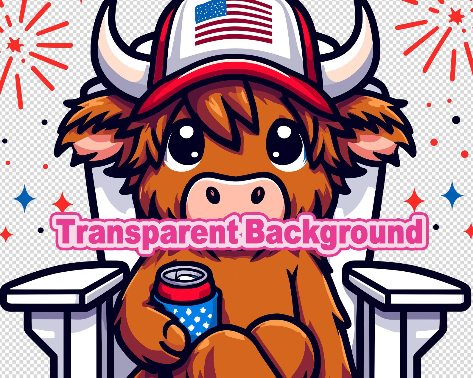 Patriotic Highland Cow With Fireworks and Flip Flops 4th of July Red ...