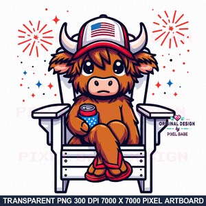 Patriotic Highland Cow With Fireworks and Flip Flops 4th of July Red ...