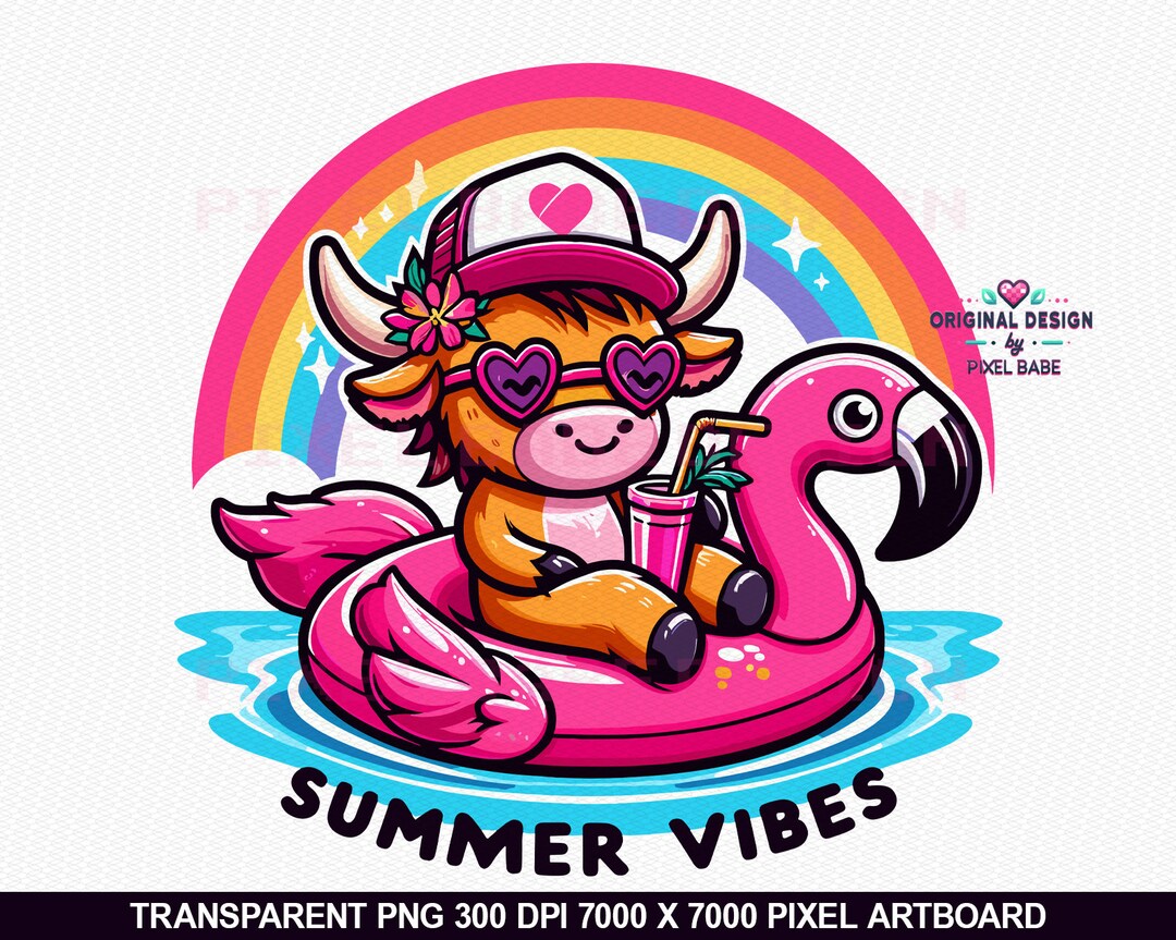 Highland Cow Pink Flamingo Floatie & Rainbow PNG Summer Vibes ...