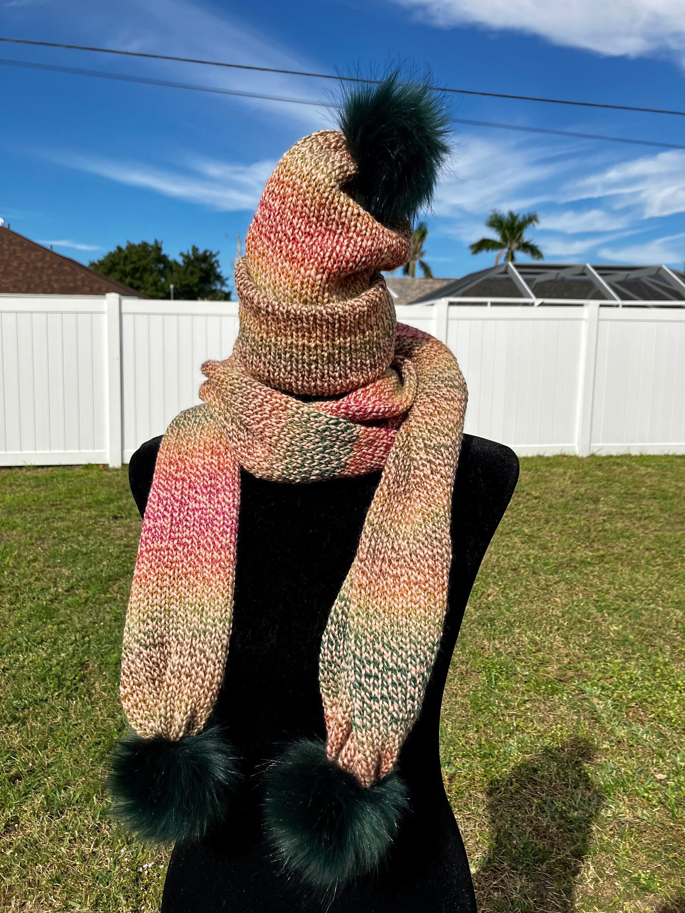 Handmade Winter Scarf & Hat Set With Pom Pom Knit Christmas Gift for ...