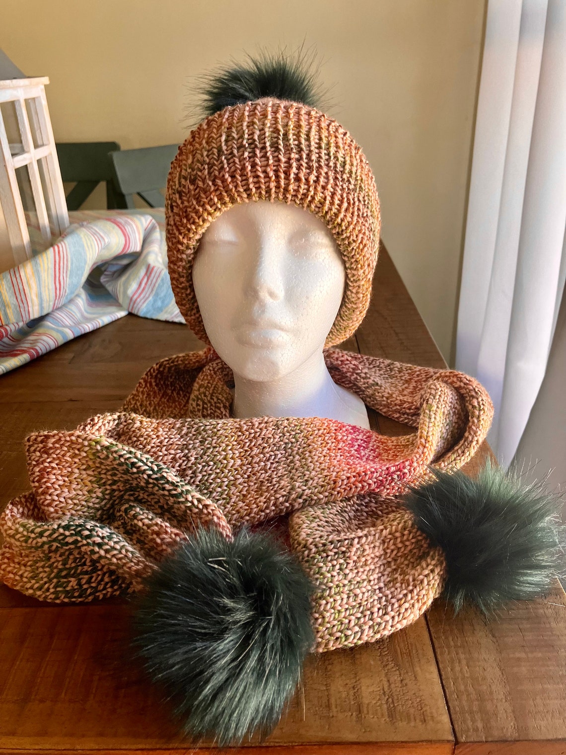 Handmade Winter Scarf & Hat Set With Pom Pom Knit Christmas Gift for ...