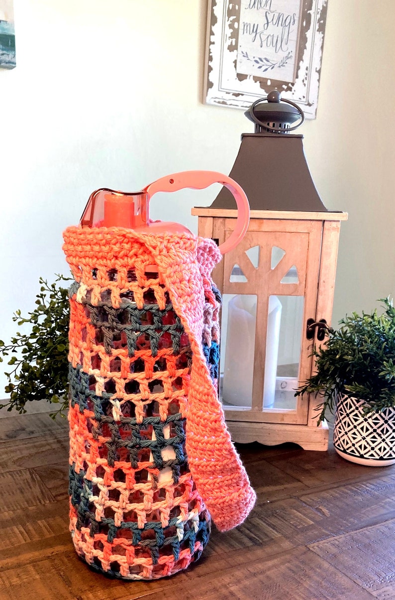 Large Crocheted Cotton Water Bottle Holder-peach and Blue - Etsy