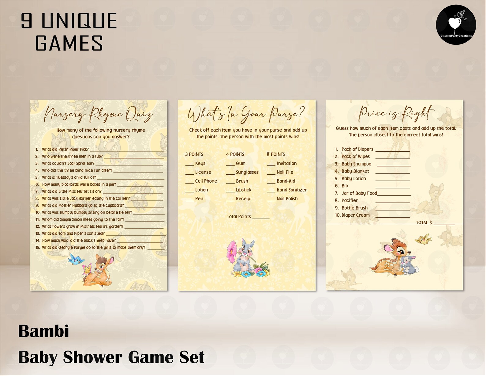 Bambi Baby Shower Games, Yellow, Baby Shower Game Digital File - Etsy
