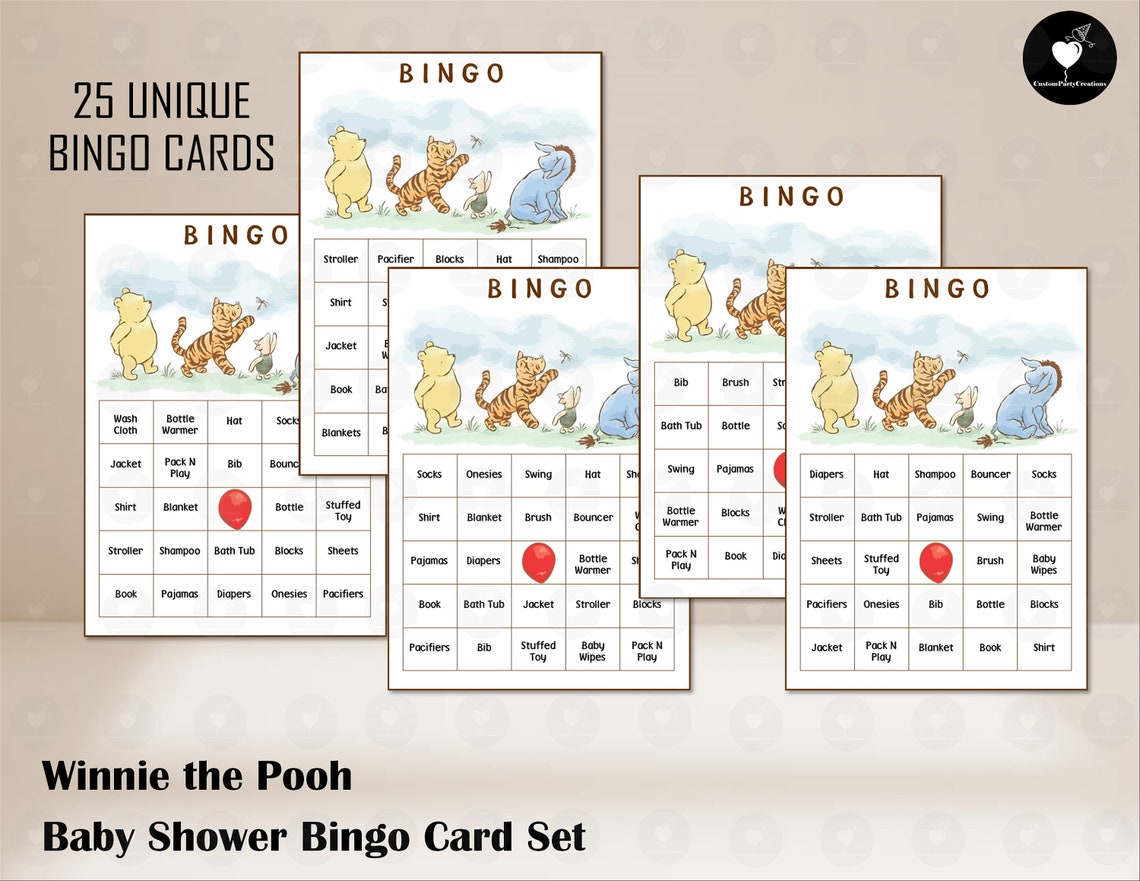 Classic Winnie the Pooh Baby Shower Bingo Card Set, White, Digital File ...