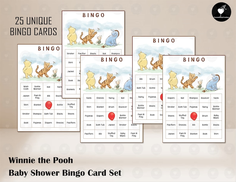 Classic Winnie the Pooh Baby Shower Bingo Card Set, White, Digital File ...