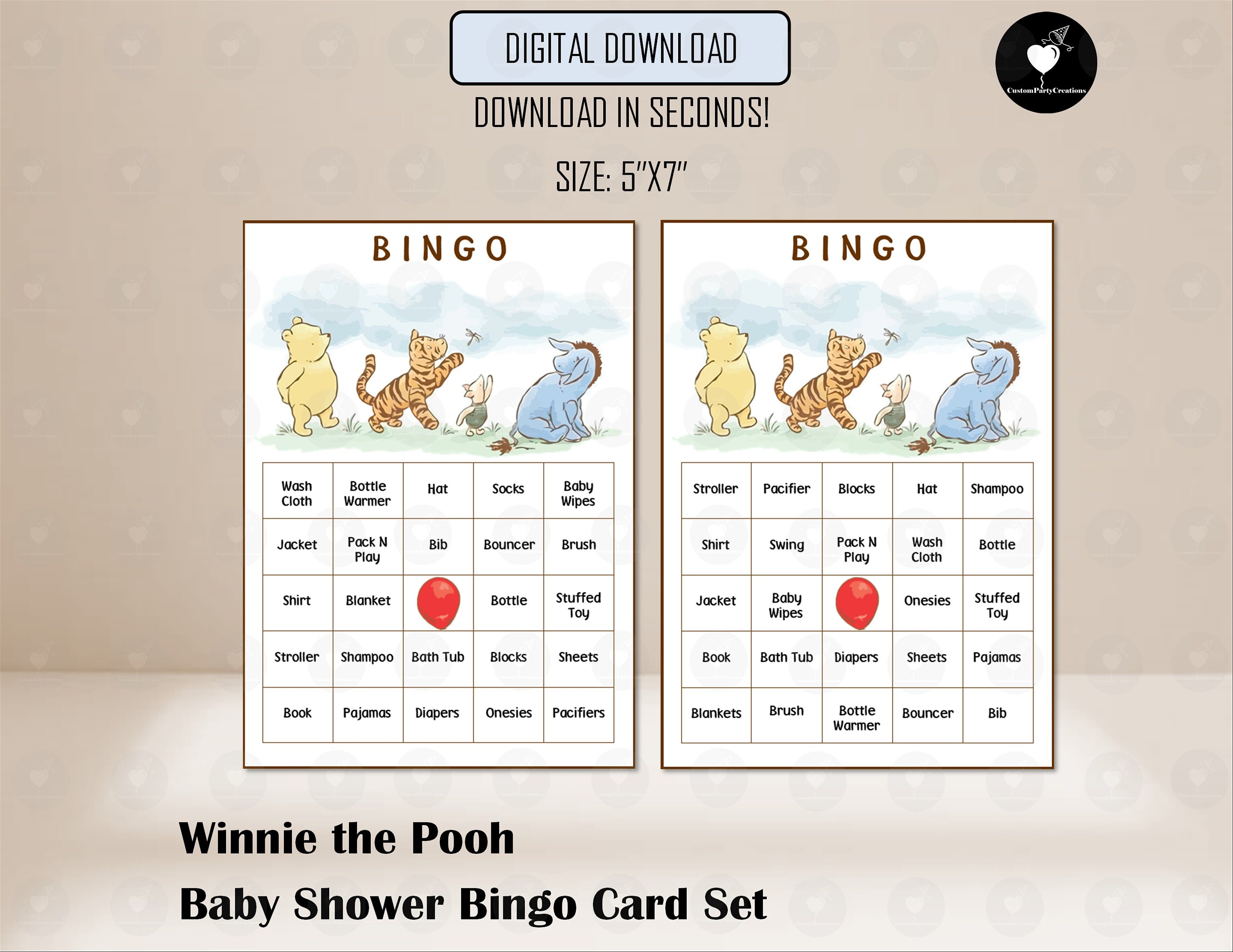 Classic Winnie the Pooh Baby Shower Bingo Card Set, White, Digital File ...