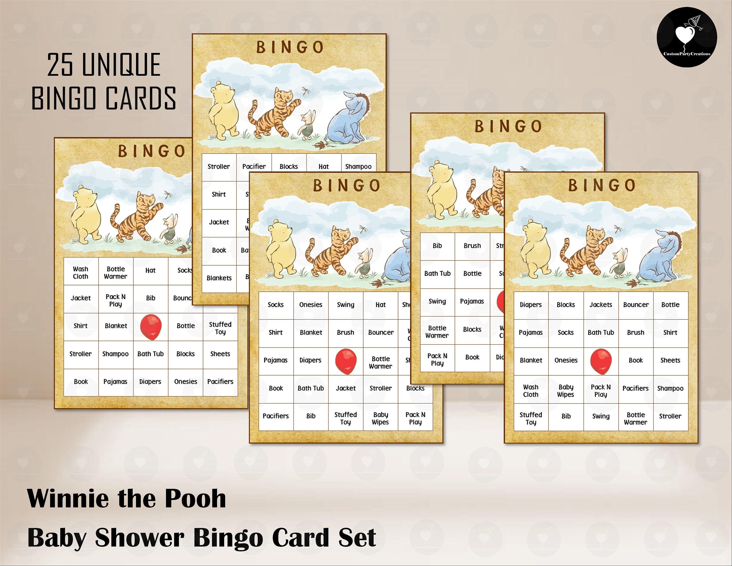 Classic Winnie the Pooh Baby Shower Bingo Card Set, Digital File - Etsy