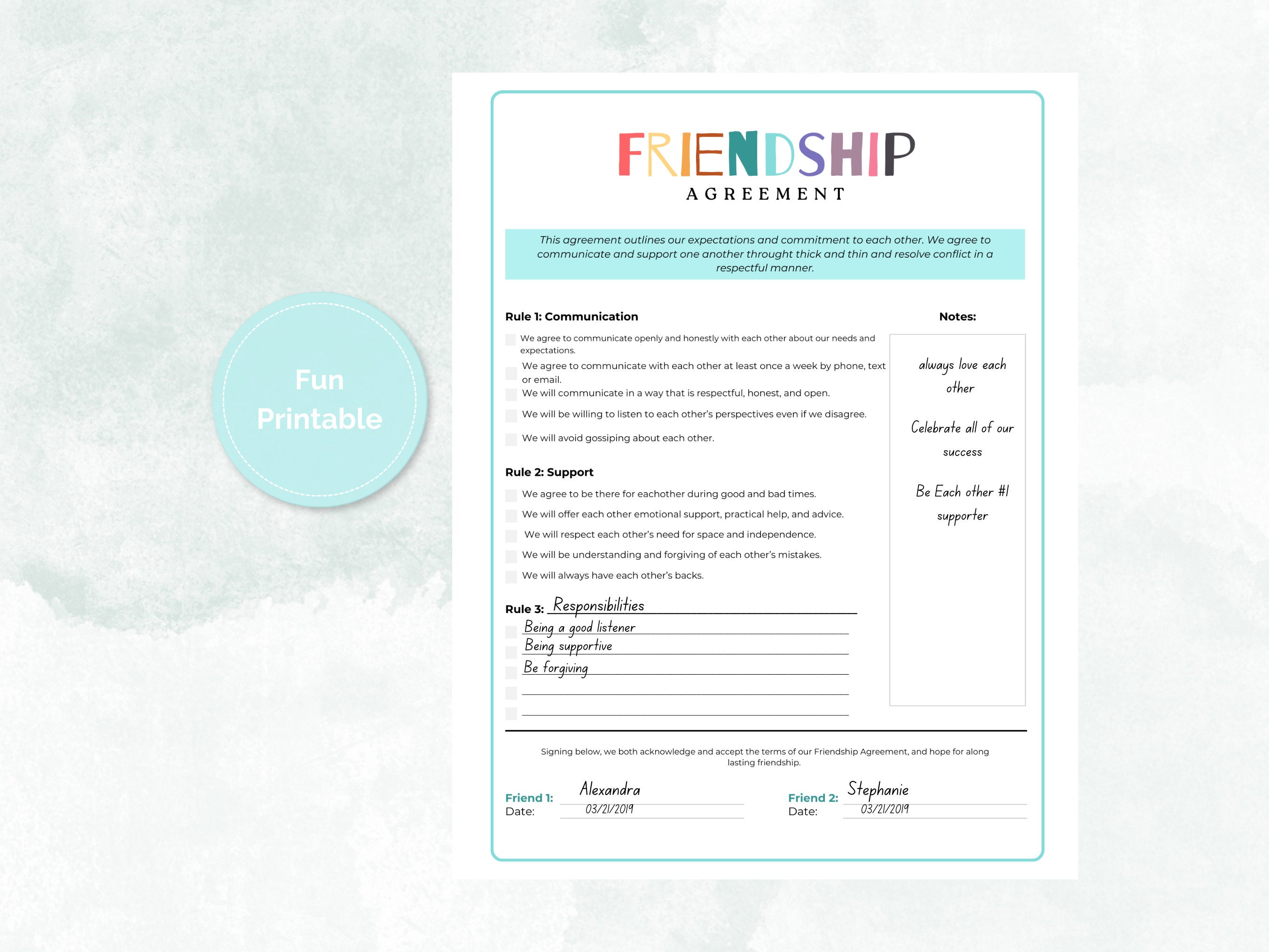 Printable Friendship Agreement, Friendship Contract - Etsy