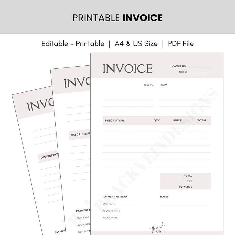 Printable and Fillable Invoice, A4 and US Letter PDF, Minimalist Business Invoice - Etsy