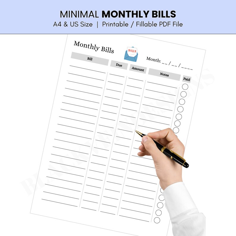 Monthly Bill Tracker Printable and Fillable, Monthly Bill Log, Bill ...