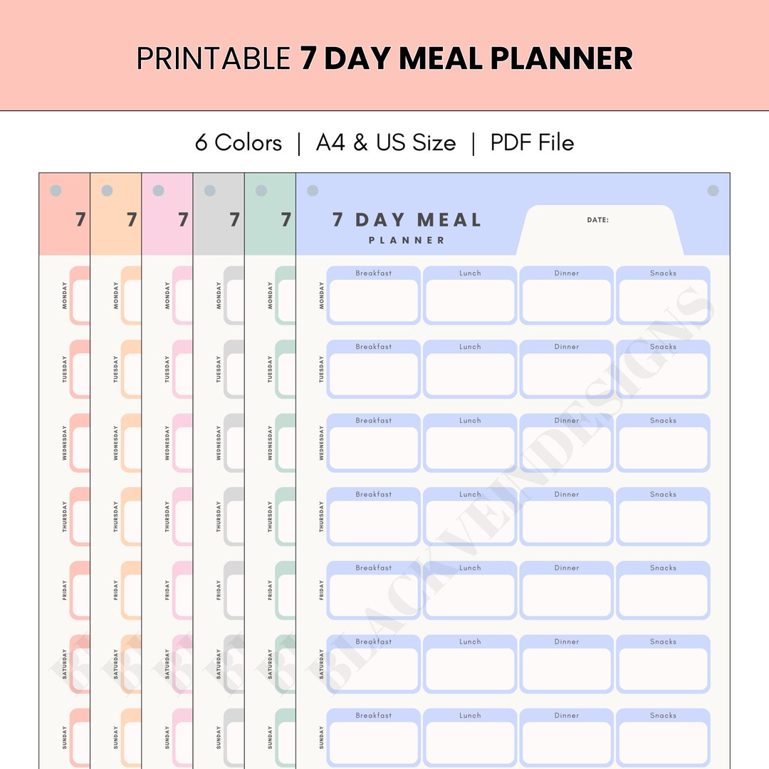7 Day Meal Planner, Meal Prep Planner, A4 and US Size, Printable - Etsy
