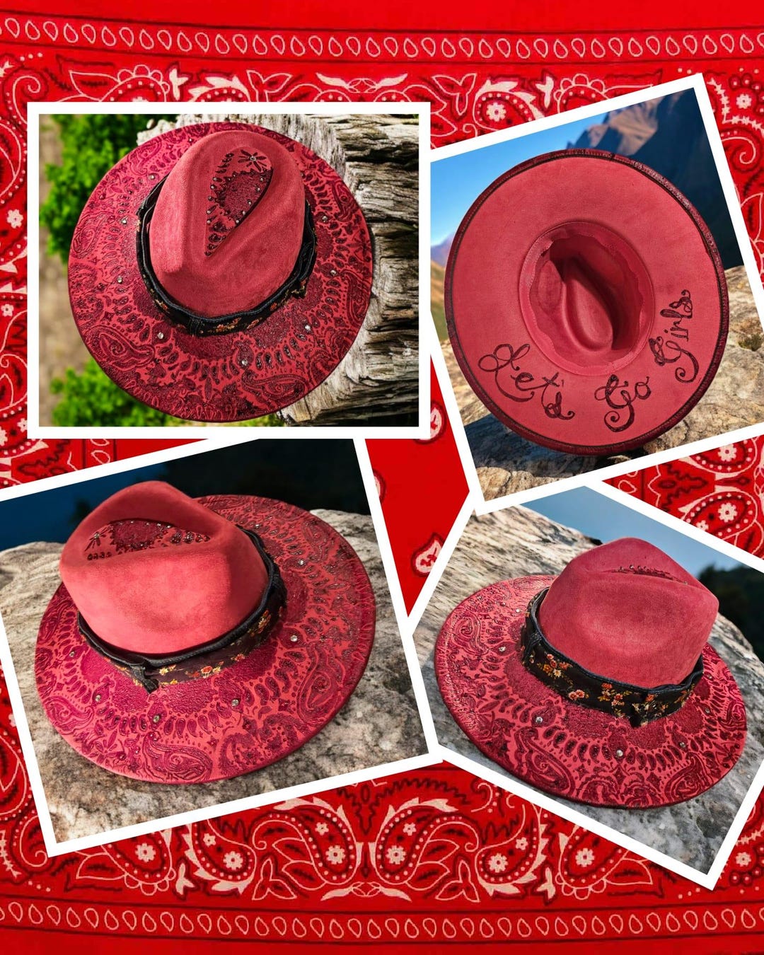 HAND BURNED, Vegan Suede Wide Brim, Western Style, Dusty Red Color Hat ...