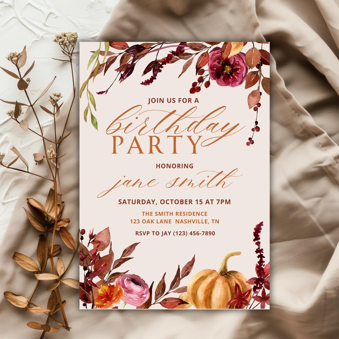 Fall Birthday Party Invitation, Fall Party Digital, Fall Floral ...