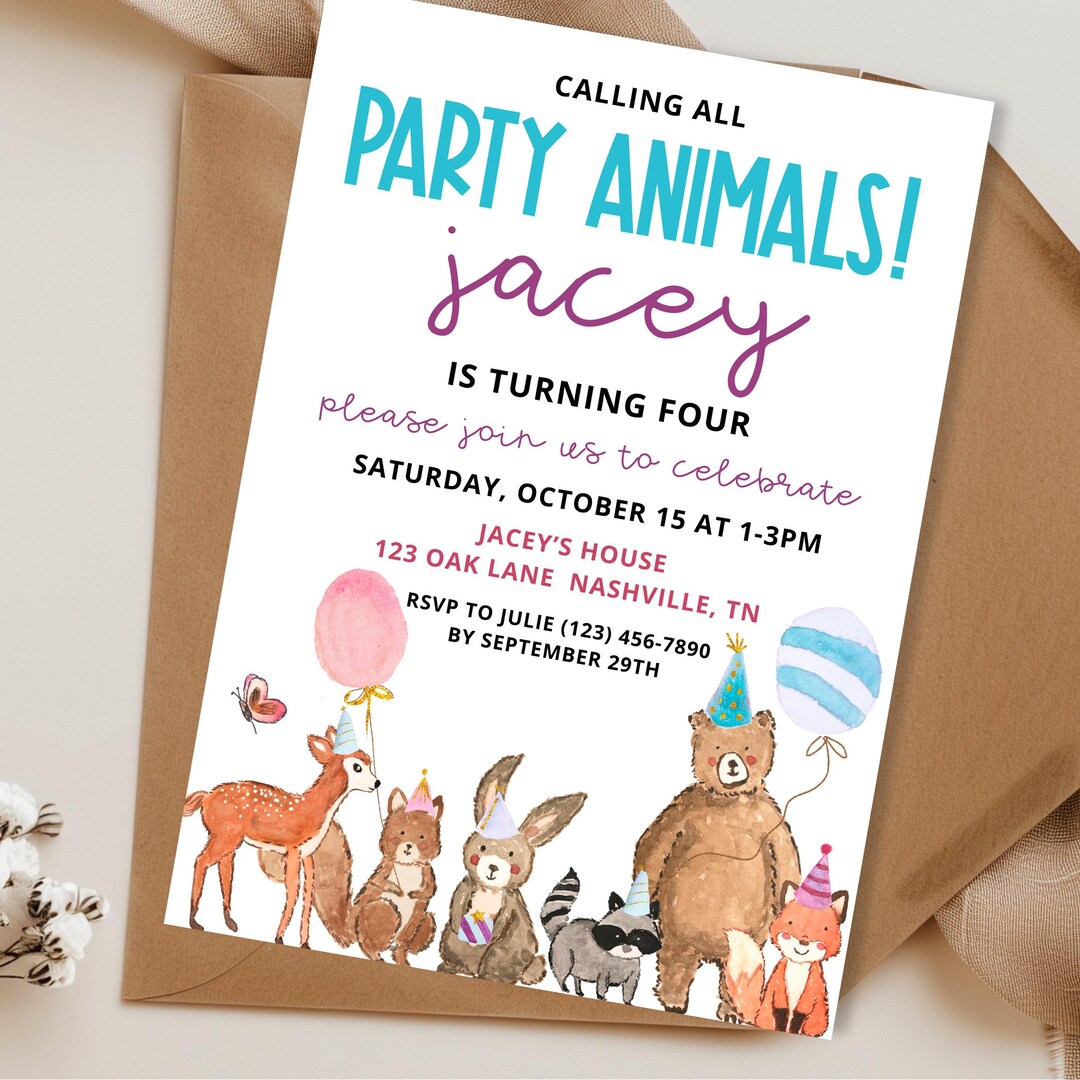 Party Animal Party Invitation, Girl Party Digital, Animal Birthday ...