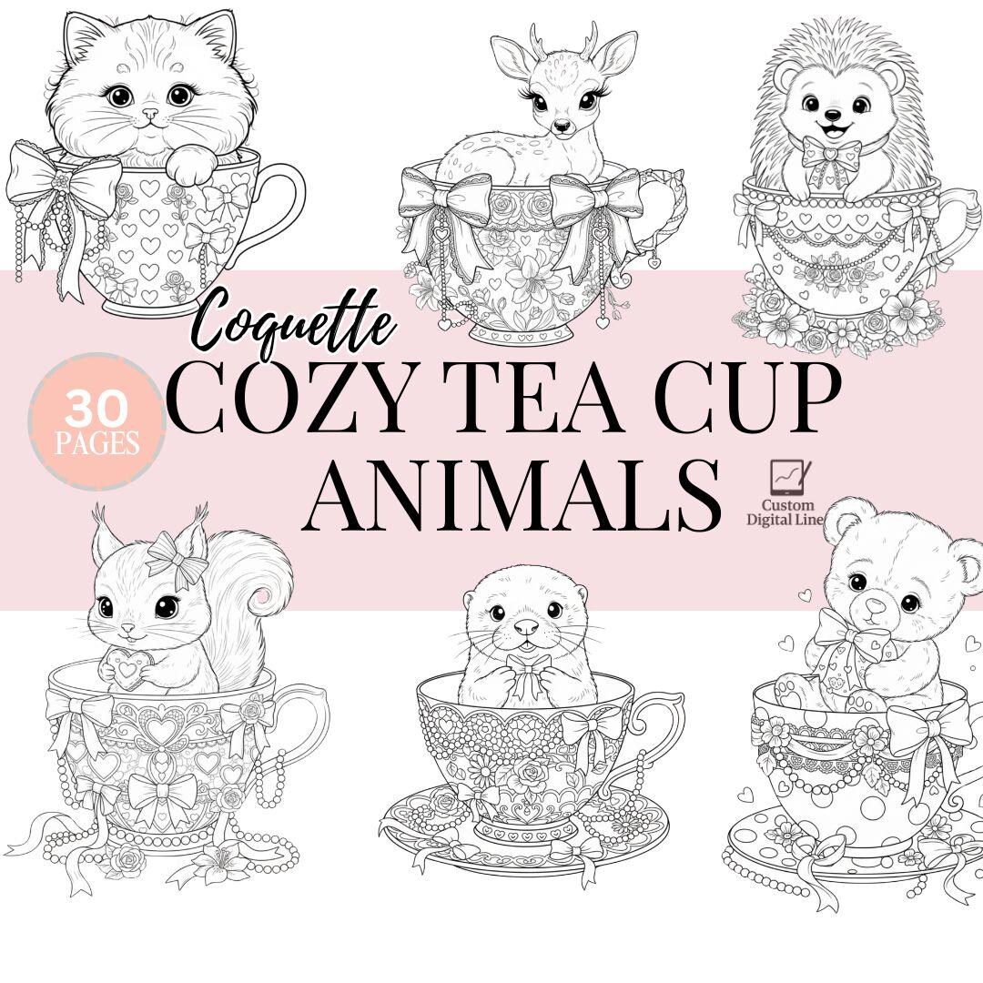 Cute Baby Animals in Teacups Coloring Book | 30 Pages Printable PDF ...