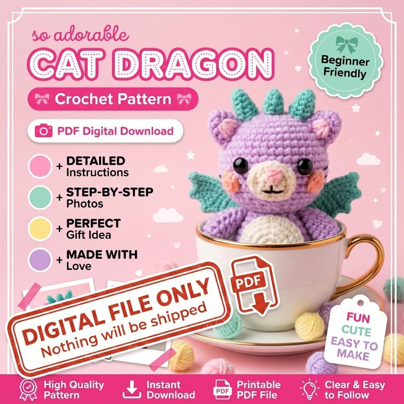 Amigurumi Cat Dragon Crochet Pattern PDF, Kawaii Dragon Kitty Plush ...