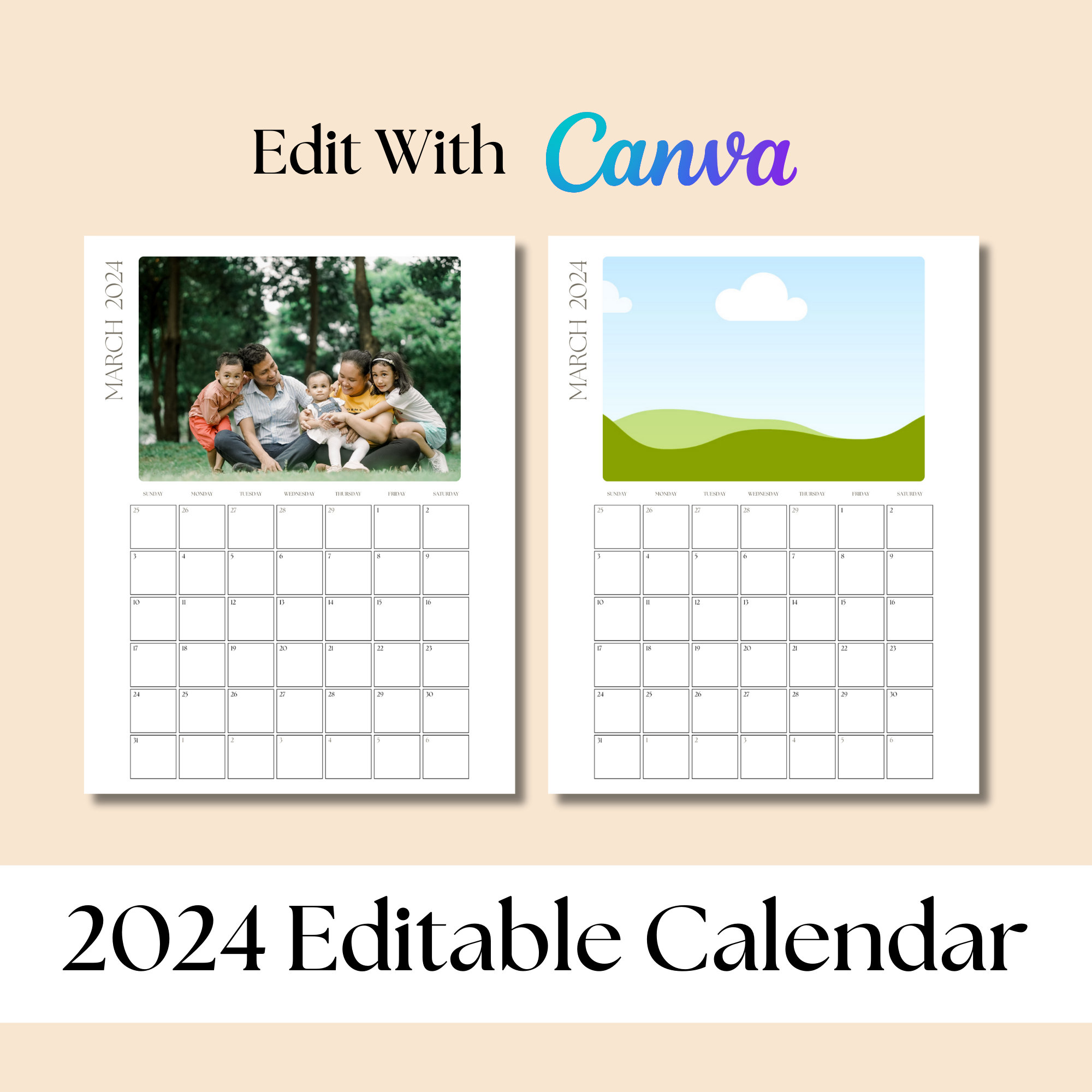 2024 Editable Calendar Template, Canva Template, Editable Photo ...