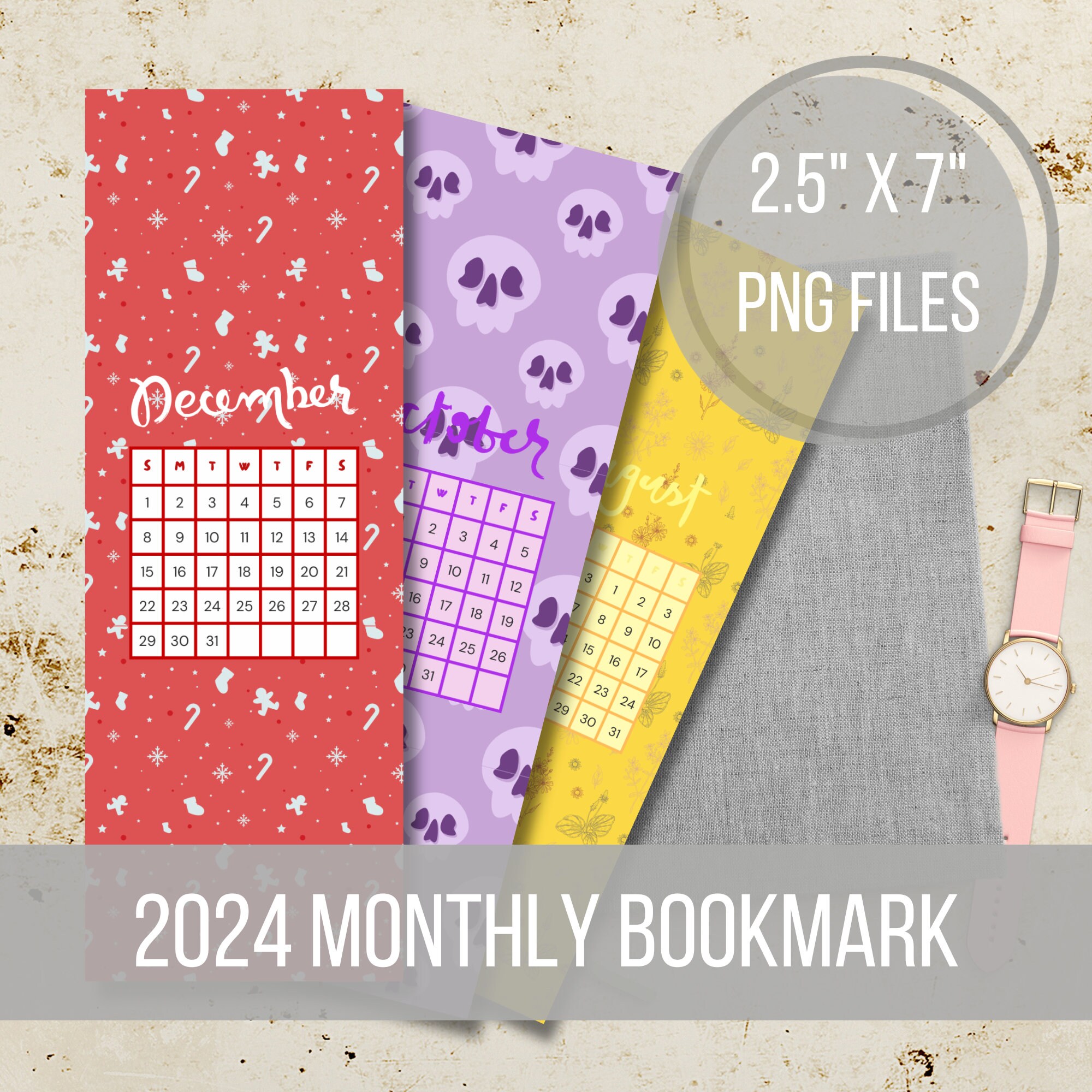 Printable Bookmark Bundle, Cute Monthly Bookmark, 2024 Calendar ...