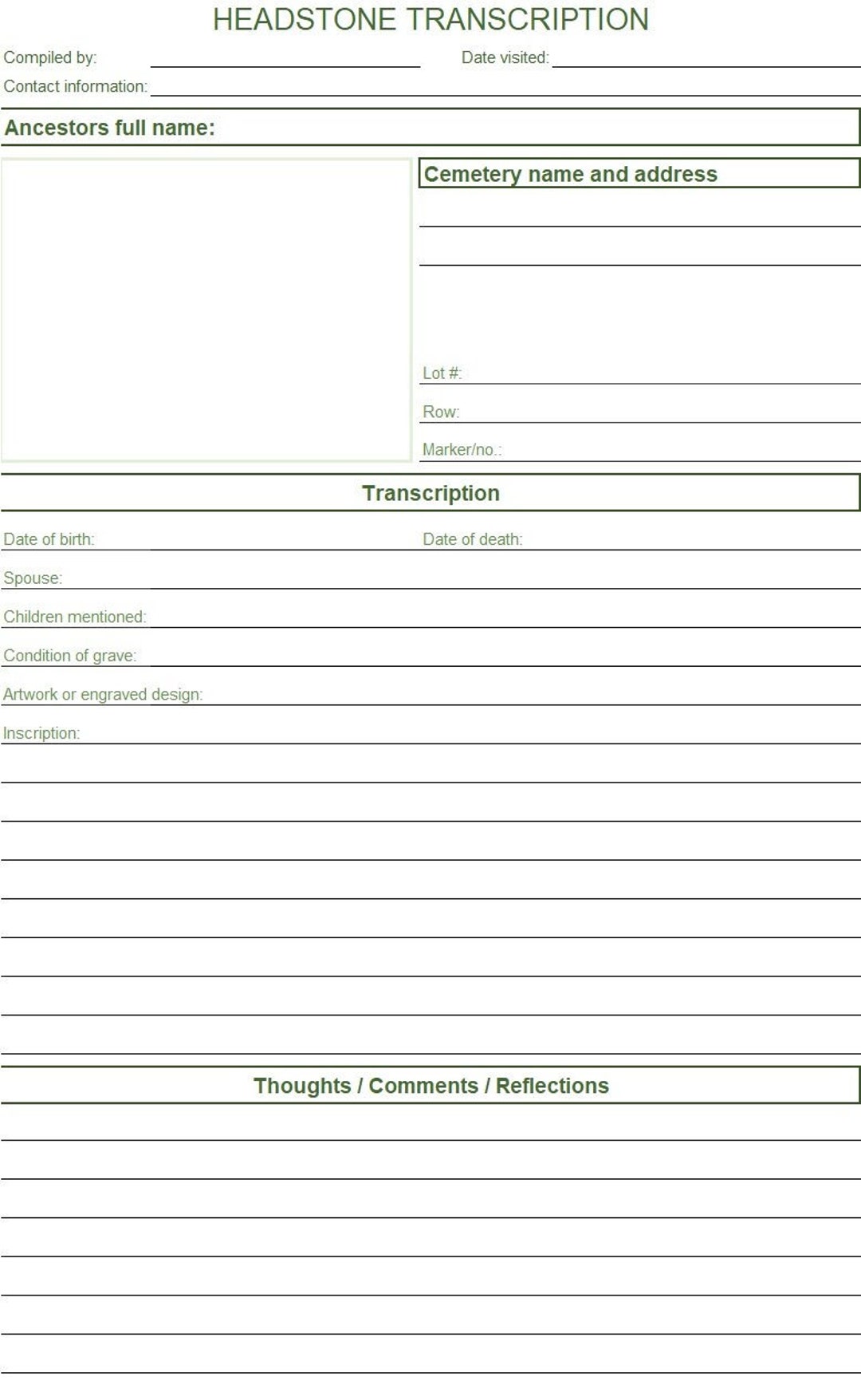 Gravesite Headstone Transcription Worksheet Family History - Etsy