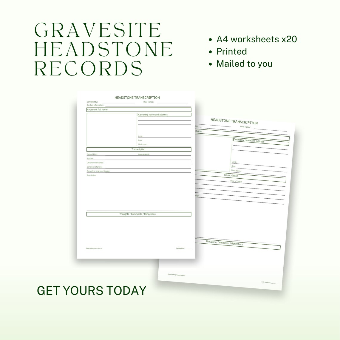 Gravesite Headstone Transcription Worksheet | Family History | 20 X ...