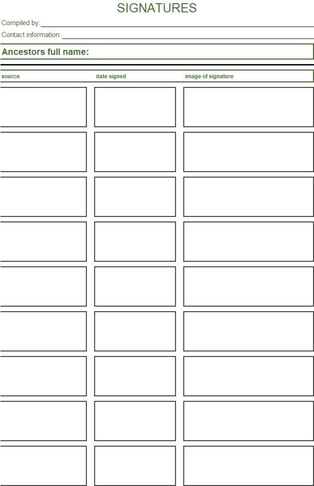Signature Record Worksheet Descendancy Chart Family History 20 X ...