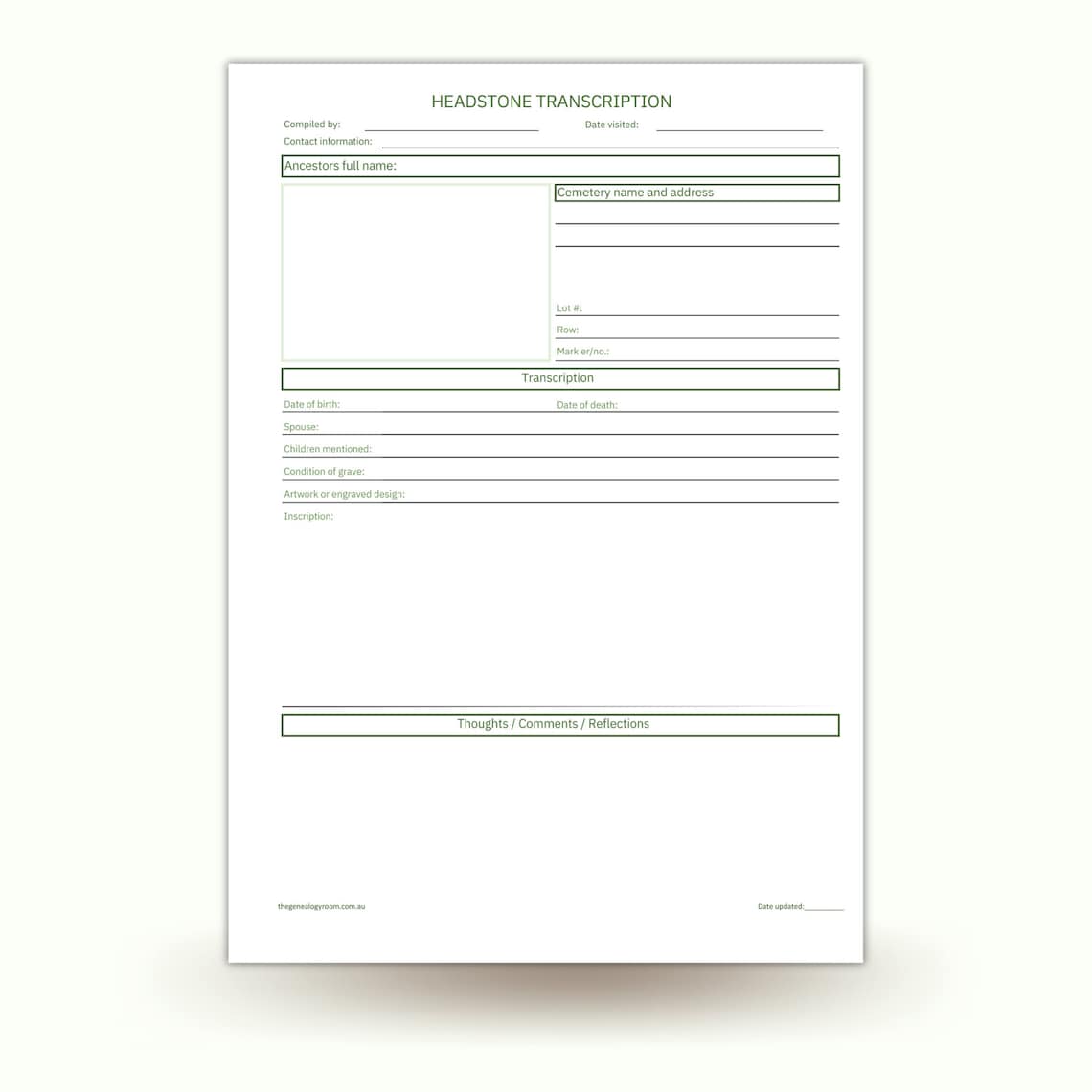 Gravesite Headstone Transcription Worksheet | Family History | 20 X ...