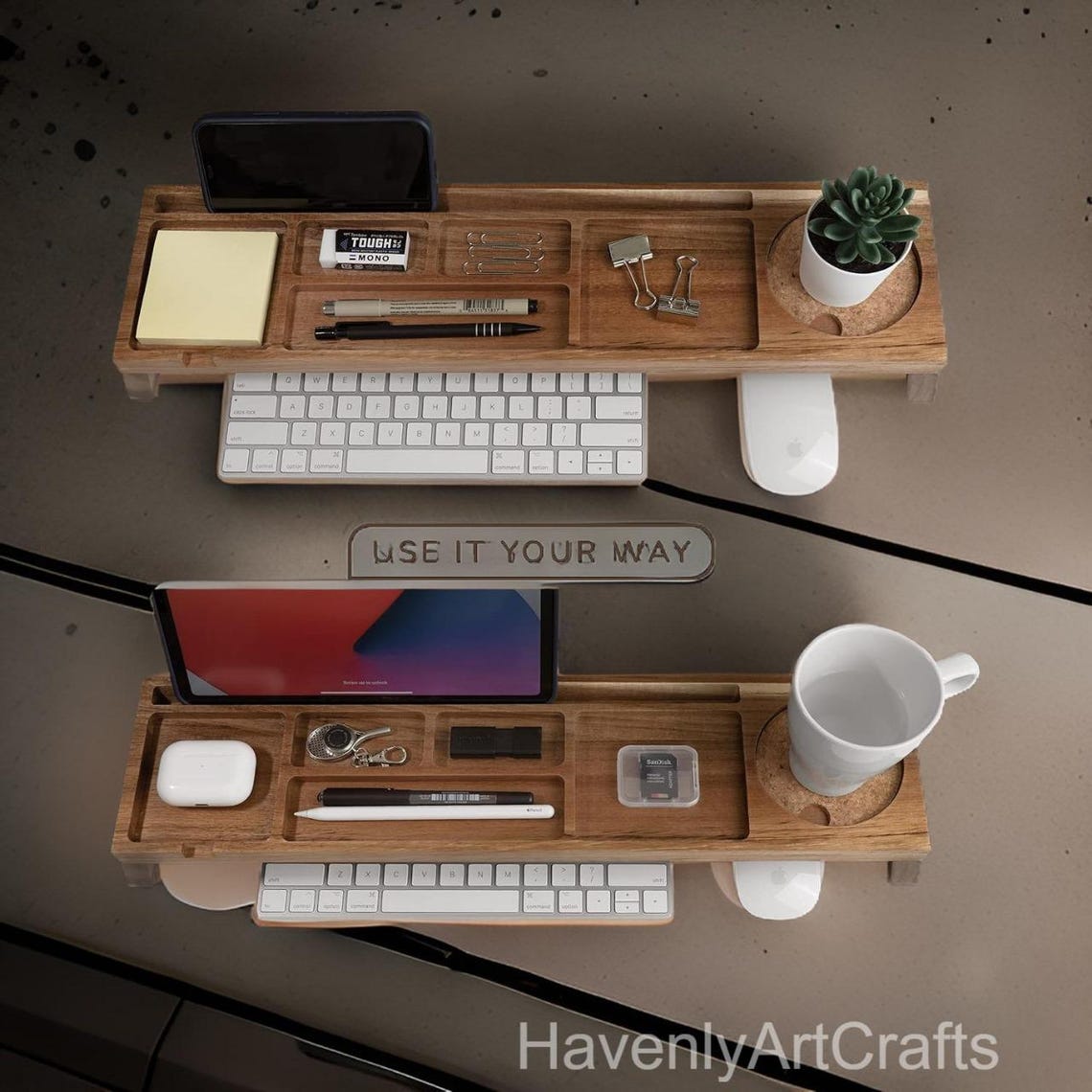 Multi-compartment Rustic Wooden Desk Organizer Desktop Organizer Desk ...