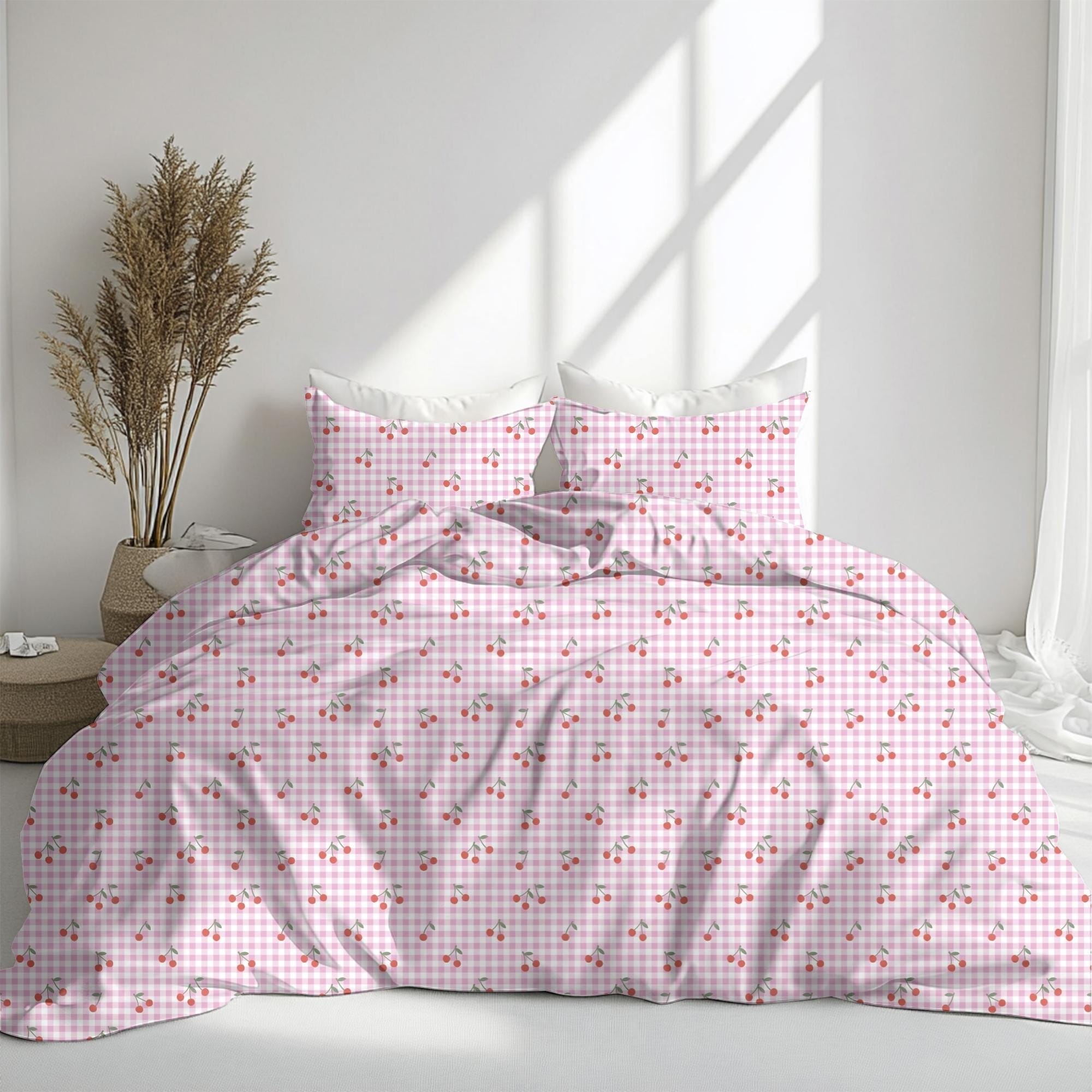 Pink Cherry Gingham Seamless Pattern: Retro Cottagecore Digital Paper ...