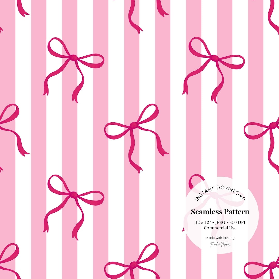 Pink Bow Stripe Digital Paper – Coquette Seamless Pattern JPG for ...