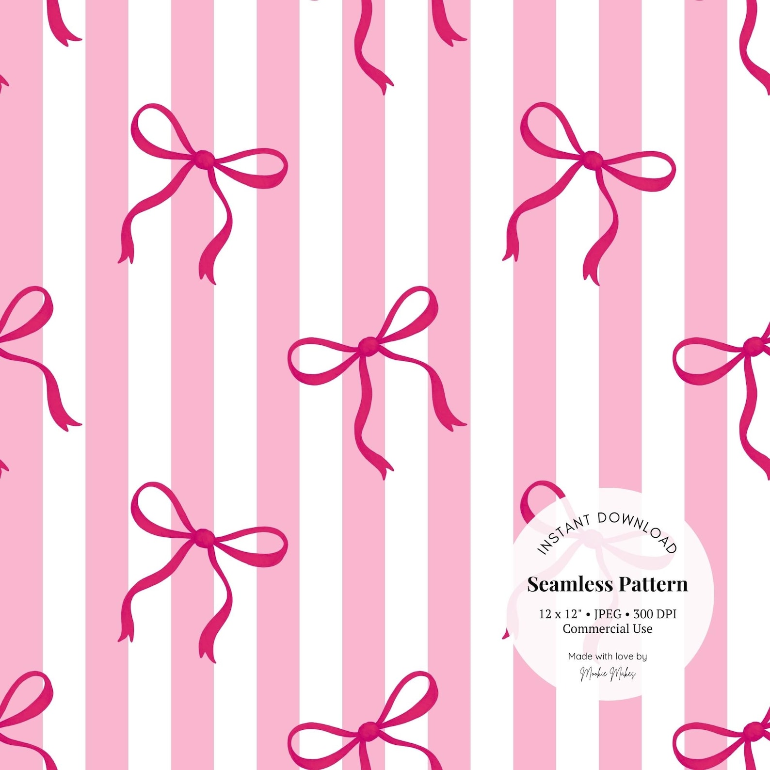 Pink Bow Stripe Digital Paper – Coquette Seamless Pattern JPG for ...