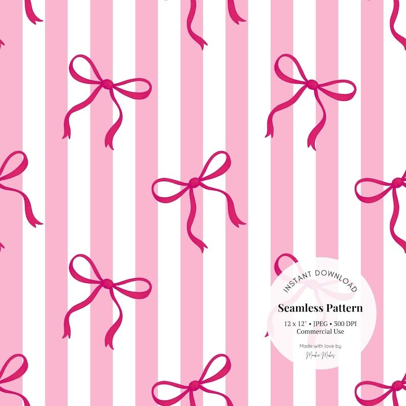Pink Bow Stripe Digital Paper – Coquette Seamless Pattern JPG for ...