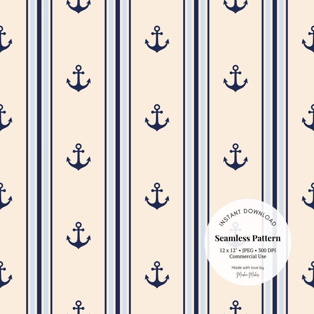 Nautical Anchor Stripe Pattern: Navy Coastal Digital Paper (JPG Digital ...
