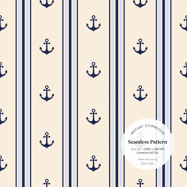 Nautical Anchor Stripe Pattern: Navy Coastal Digital Paper (JPG Digital ...