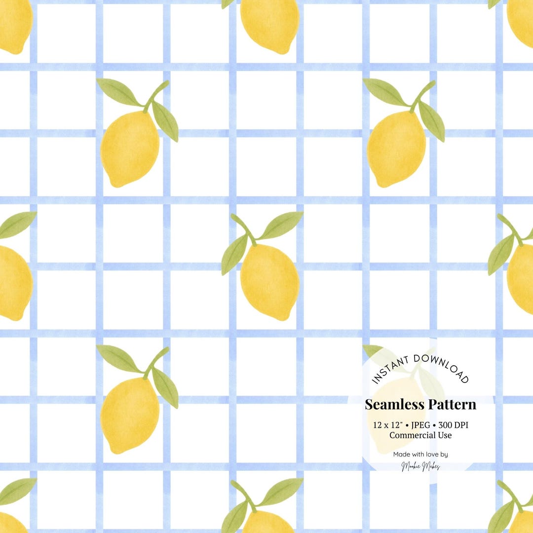 Lemon Checkered Pattern – Watercolor Citrus Grid Digital Paper, Blue ...