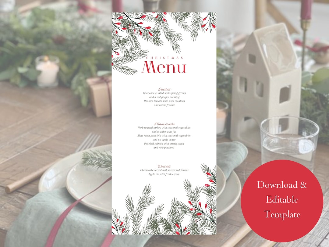 Editable Christmas Dinner Menu Template, Printable Christmas Menu ...