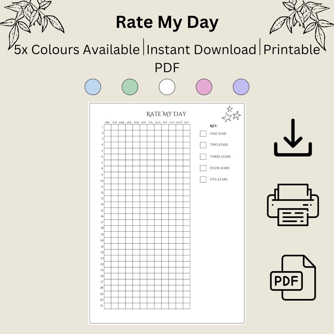 Rate My Day Journal Page Printable Tracker Daily Tracker Daily Mood Tracker Year in Pixels Daily ...