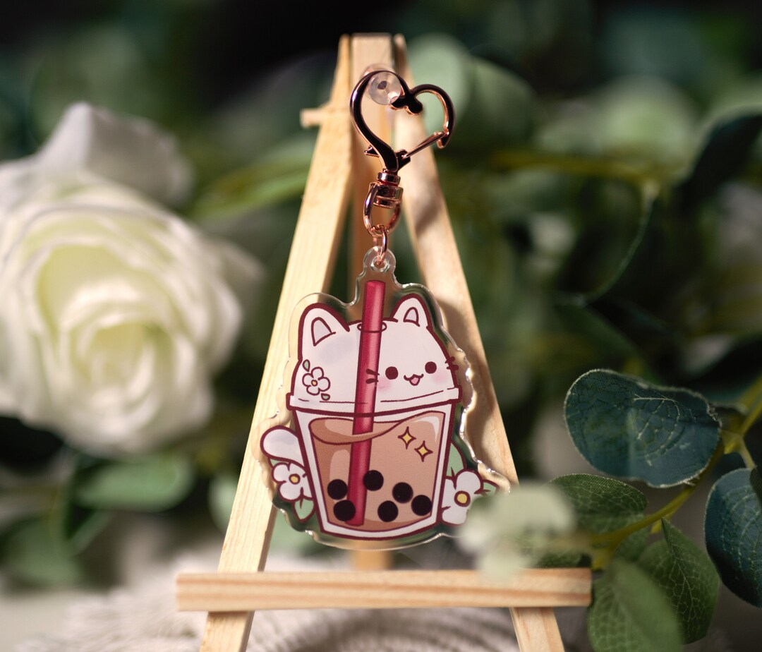 Cute Bubble Tea Cat Keychain - Etsy