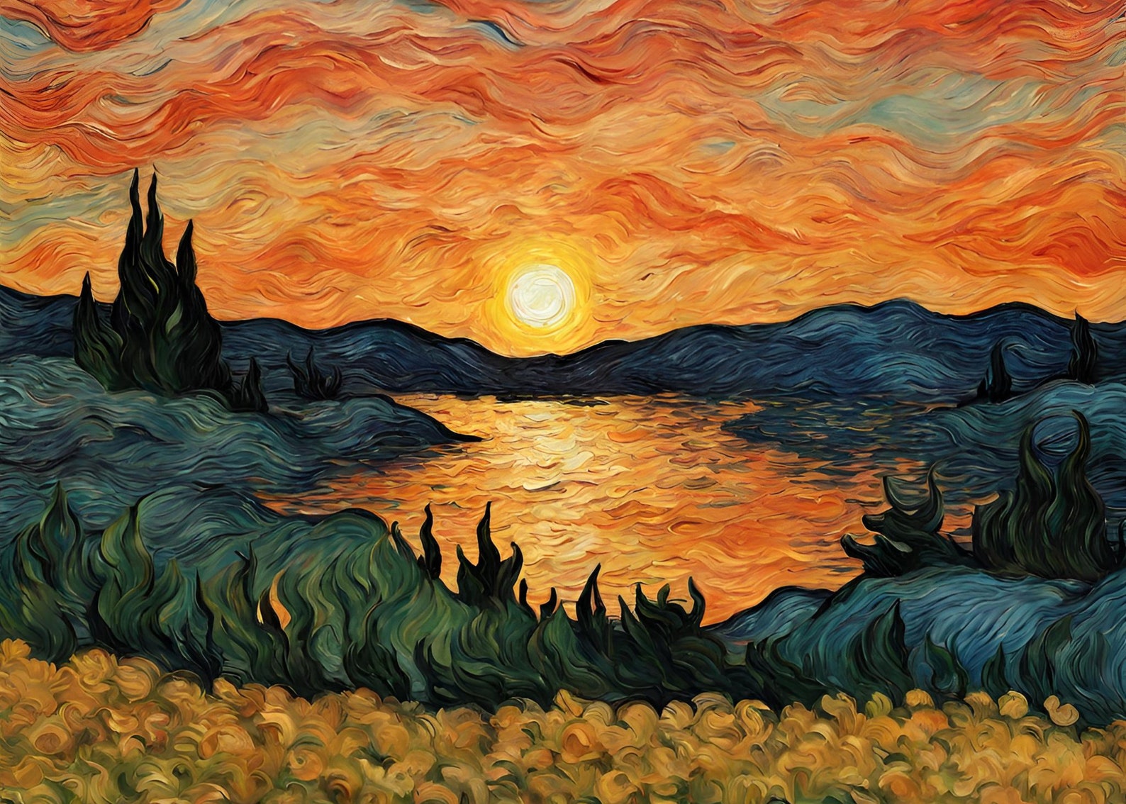 Van Gogh Inspired Sunset Wall Art Print Set, 5 Piece Classical Mindful ...