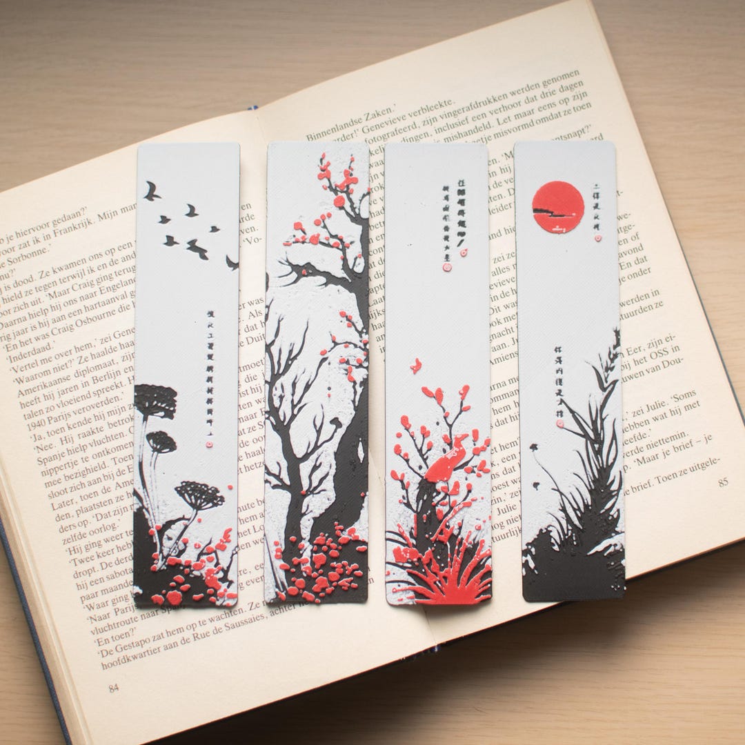 Red Blossom Japanese Bookmark Set | Sumi-e Ink Art | Aesthetic ...