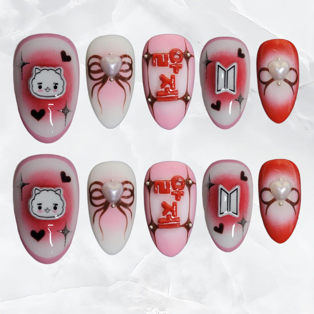 RJ Pink Red Jin Seokjin BT21 BTS Press on Nail | Rj BT21 Nail Design ...