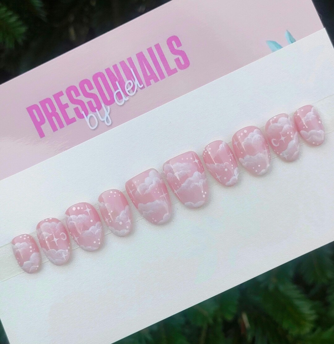 Fluffy Clouds Dream Press on Nails, Set of 10 Square Almond Round ...