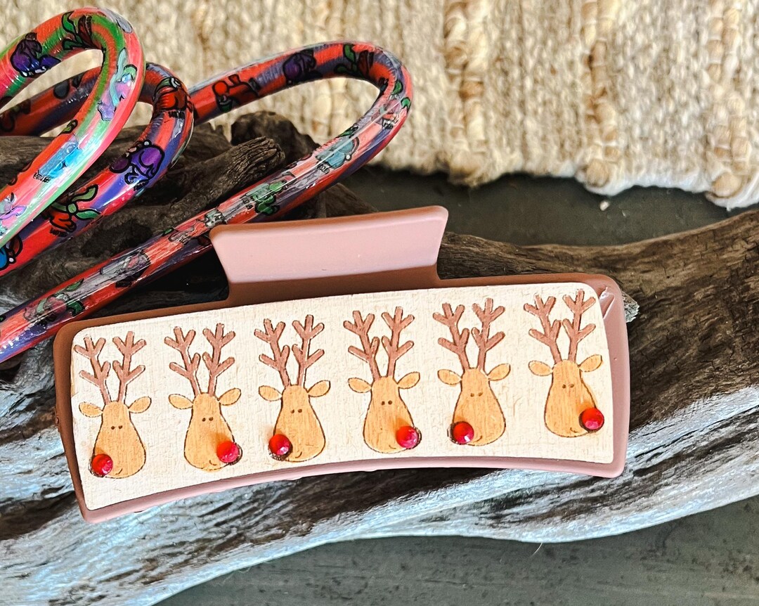 Santa's Reindeer Christmas Hair Claw Clip – Hand-painted Wooden Design ...