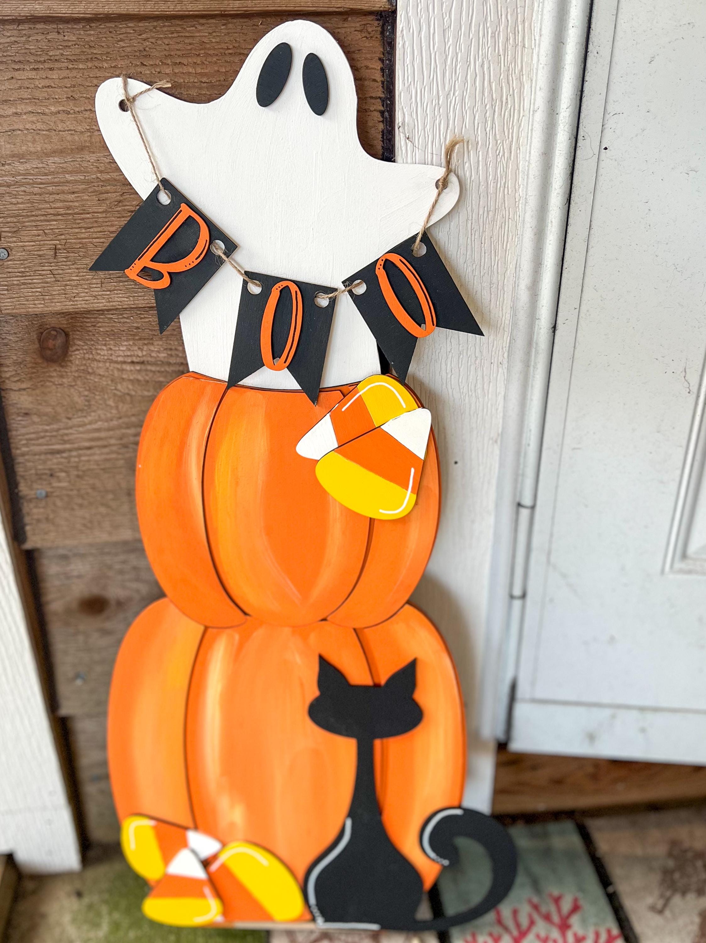 Hand Painted Halloween Porch Leaner – Birch Wood Ghost, Pumpkins, Cat ...