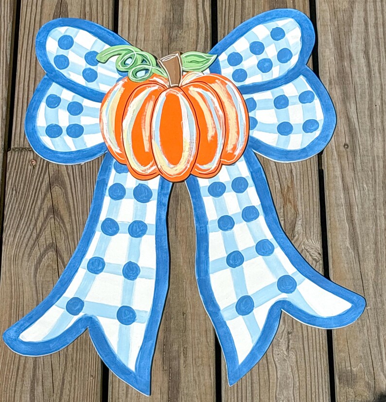 Preppy Pumpkin and Bow Hand Painted Autumn Fall Flowers Door Sign, Fall ...