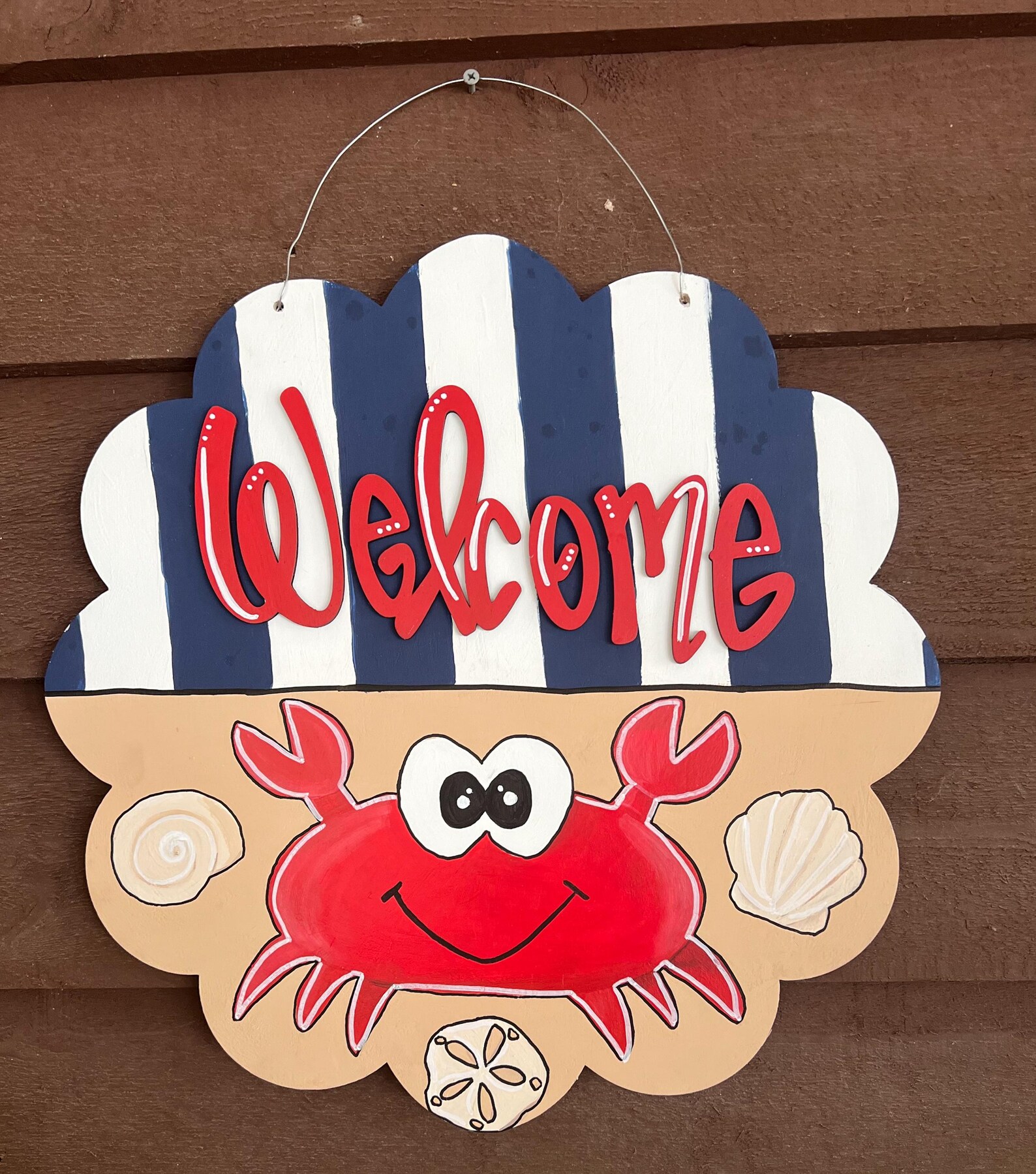 Welcome Nautical Crab Door Hanger – Hand Painted Coastal Summer Decor ...